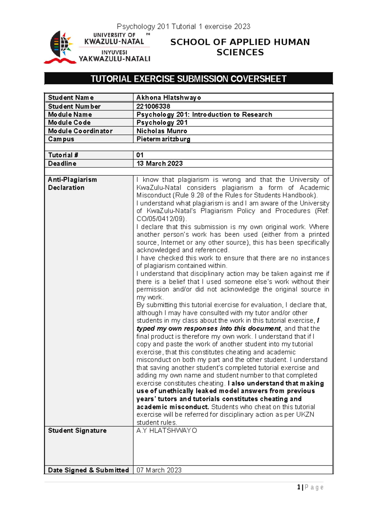 TUT Exercise 01 - statistics tutorials - SCHOOL OF APPLIED HUMAN SCIENCES TUTORIAL EXERCISE ...