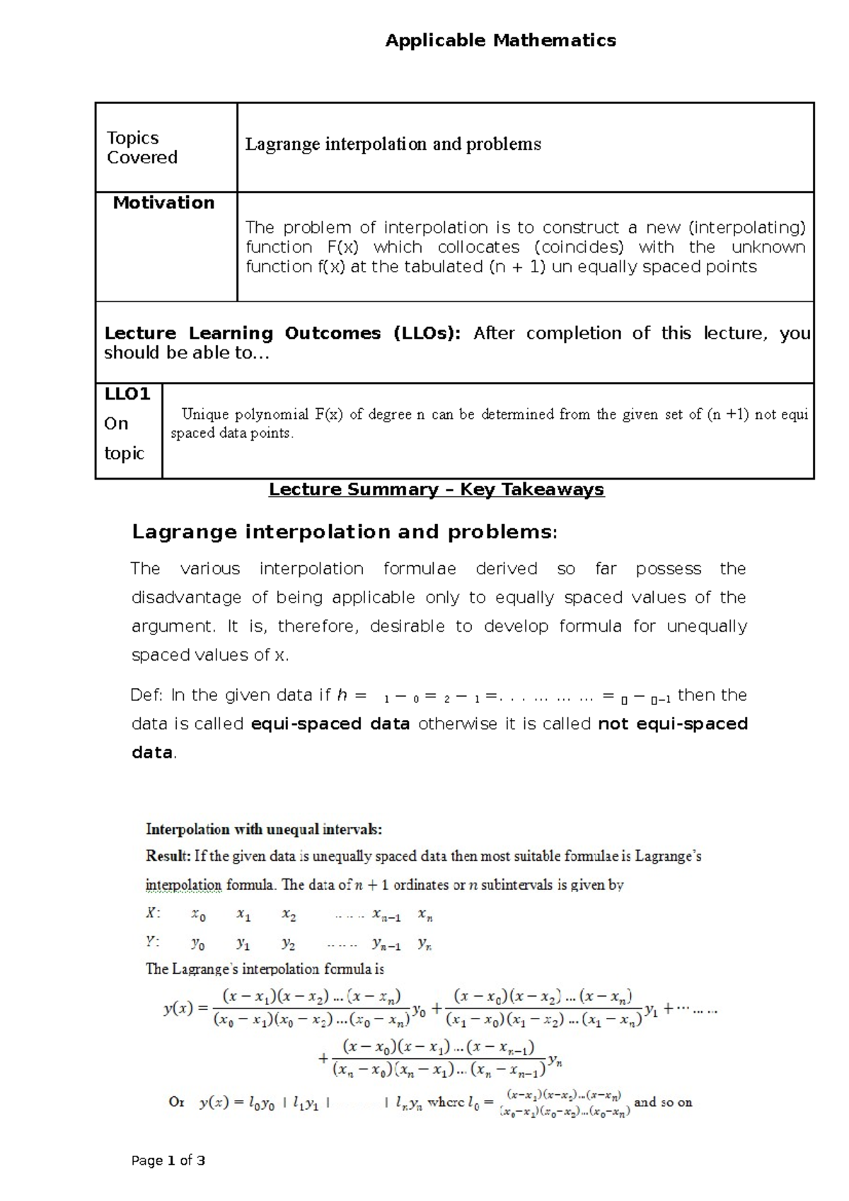 Lagrange interpolation and problems - Applicable Mathematics Topics Covered Lagrange ...