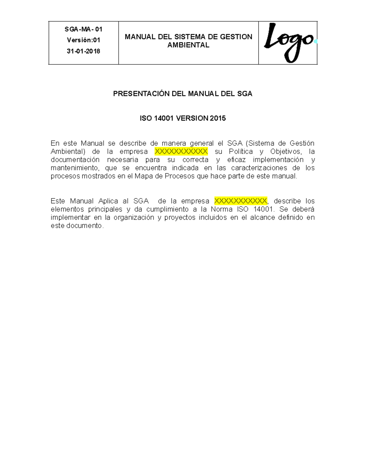 SGA-MA-01 Manual DEL SGA 1 - Versión: 31-01- MANUAL DEL SISTEMA DE GESTION AMBIENTAL ...