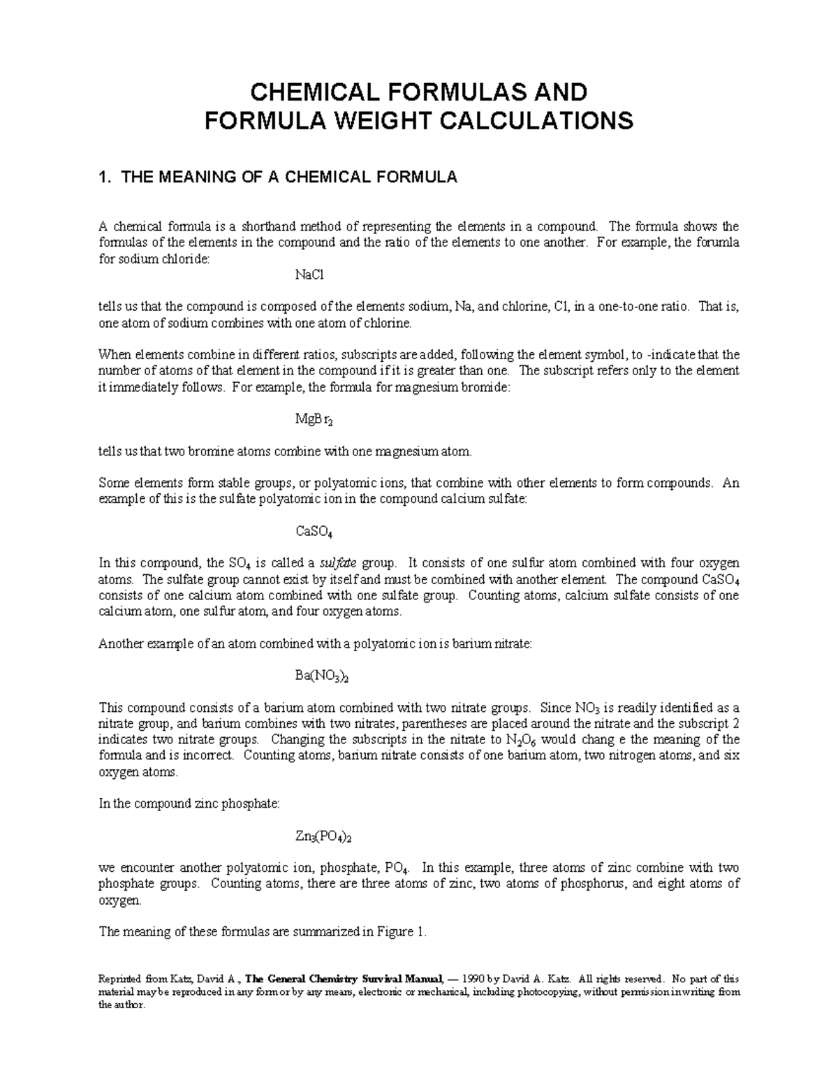 CHEMICAL FORMULAS AND FORMULA WEIGHT CALCULATIONS - THE MEANING OF A ...