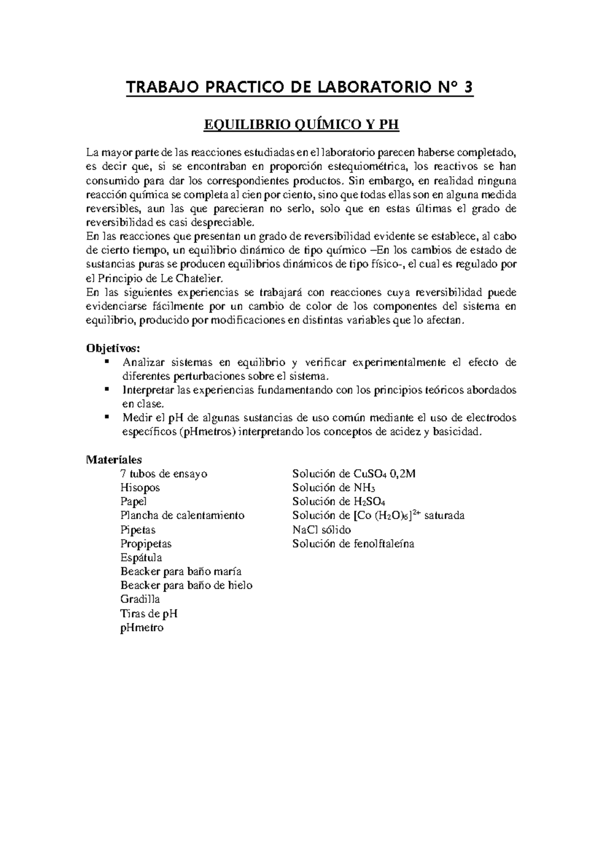 T.P. Laboratorio N°3 - TRABAJO PRACTICO DE LABORATORIO Nº 3 EQUILIBRIO QUÍMICO Y PH La mayor ...