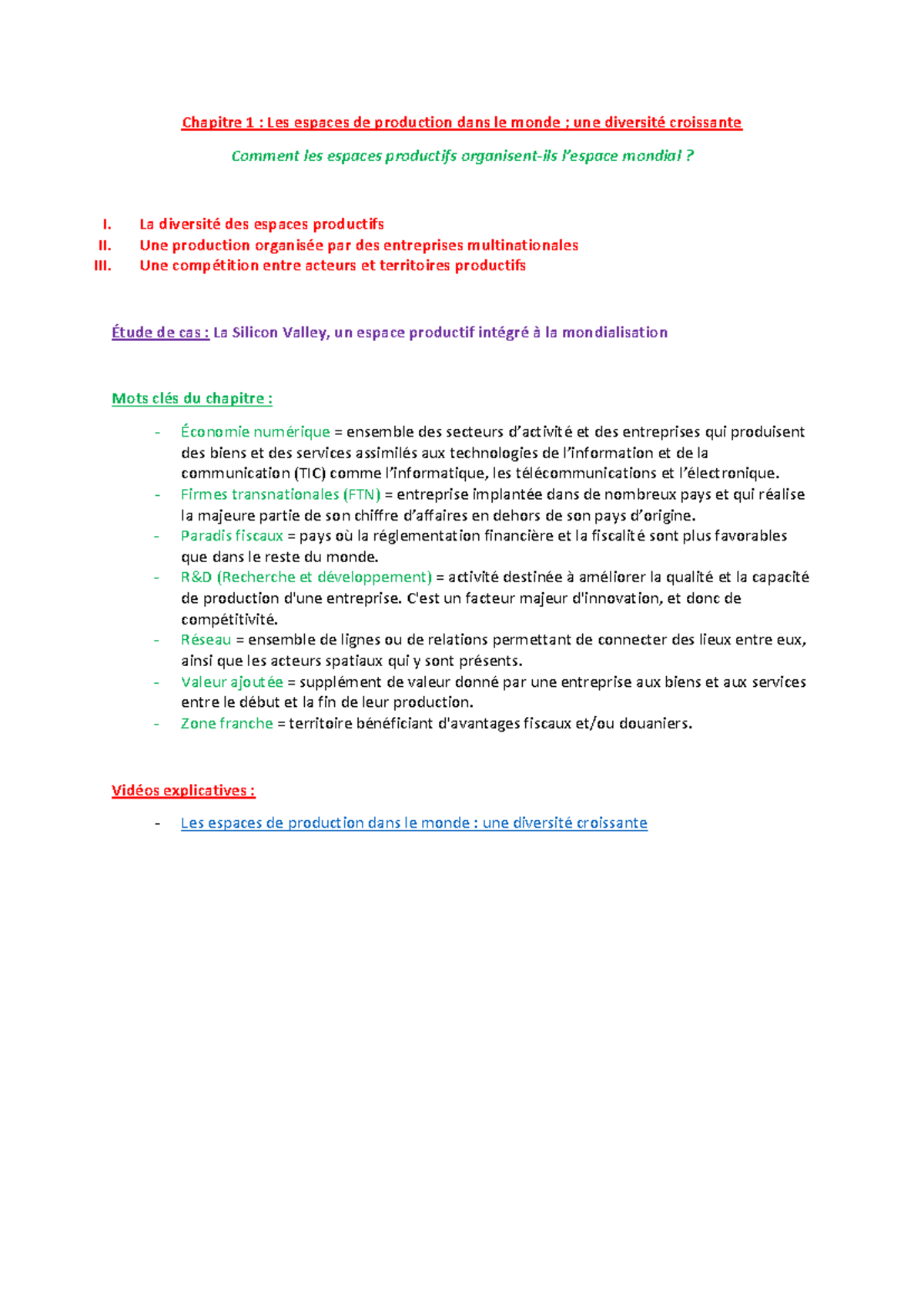 Géographie Les espaces productifs fiche de cours - Chapitre 1 : Les espaces de production dans ...