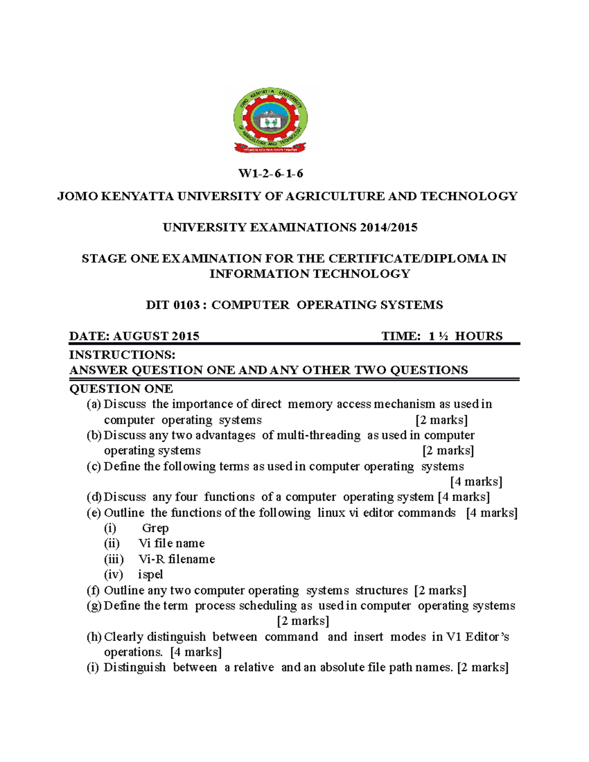 Dit 0103 Computer Operating Systems W1 2 6 1 Jomo Kenyatta University Of Agriculture And