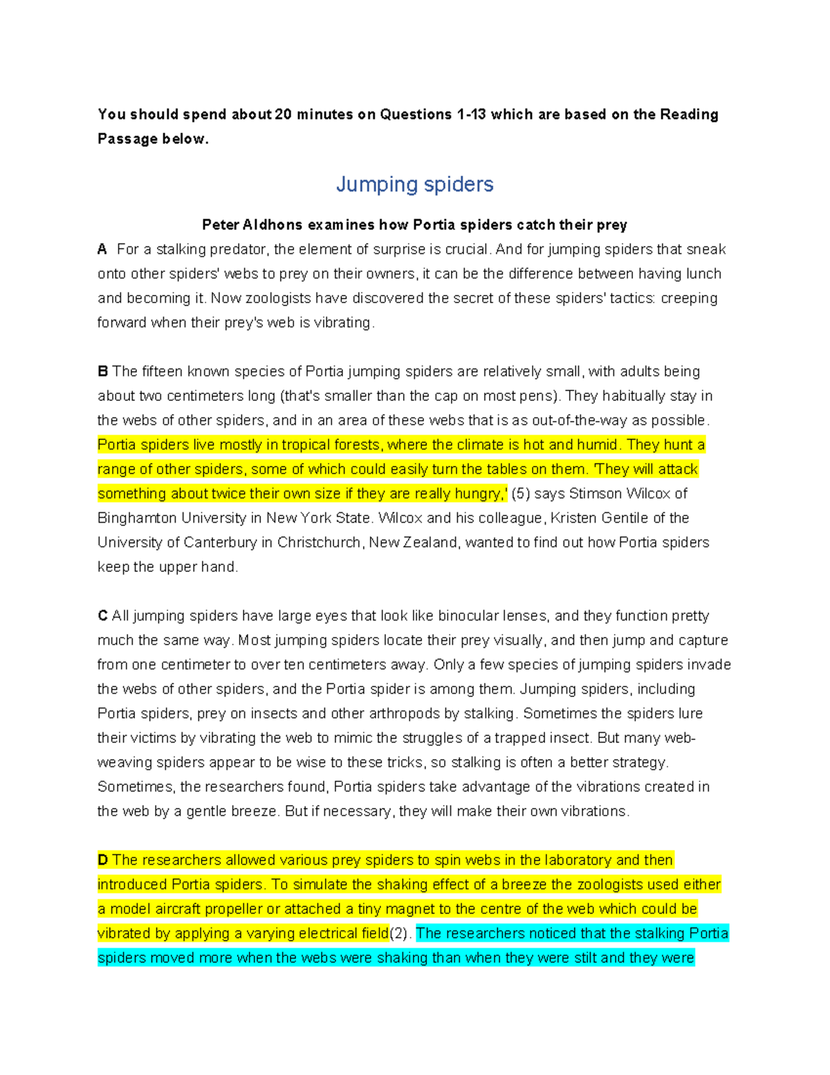 Reading practice Jumping spiders keys - You should spend about 20 ...