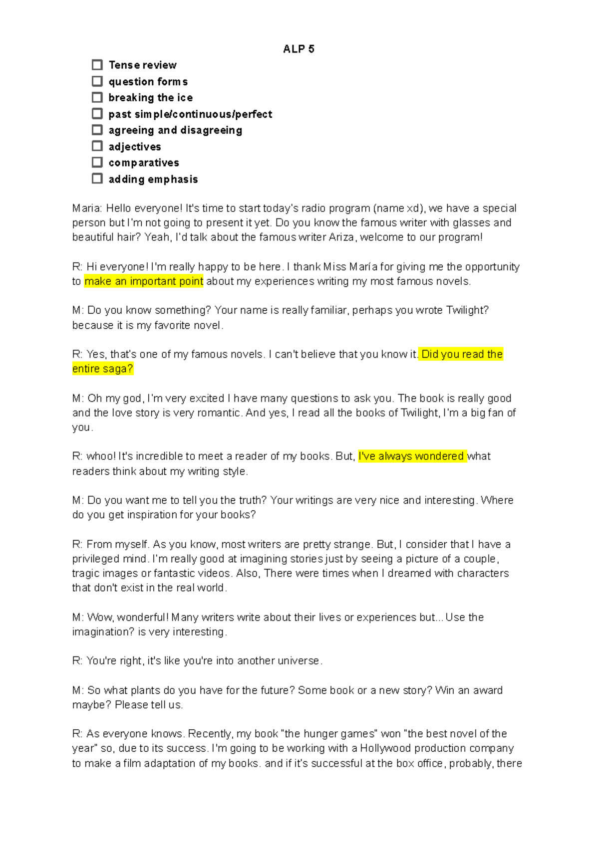 ALP 5 - ALP EXAMPLE - ALP 5 Tense review question forms breaking the ...