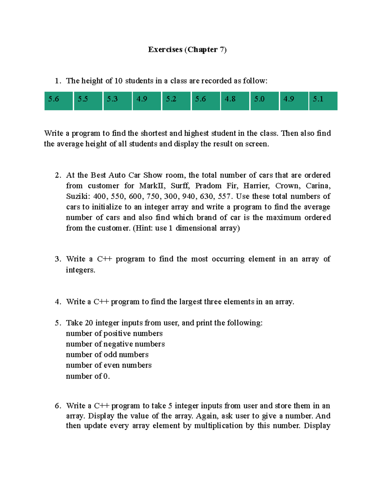Exercises(Chapter 7) - Summary - Exercises (Chapter 7) The height of 10 students in a class are ...