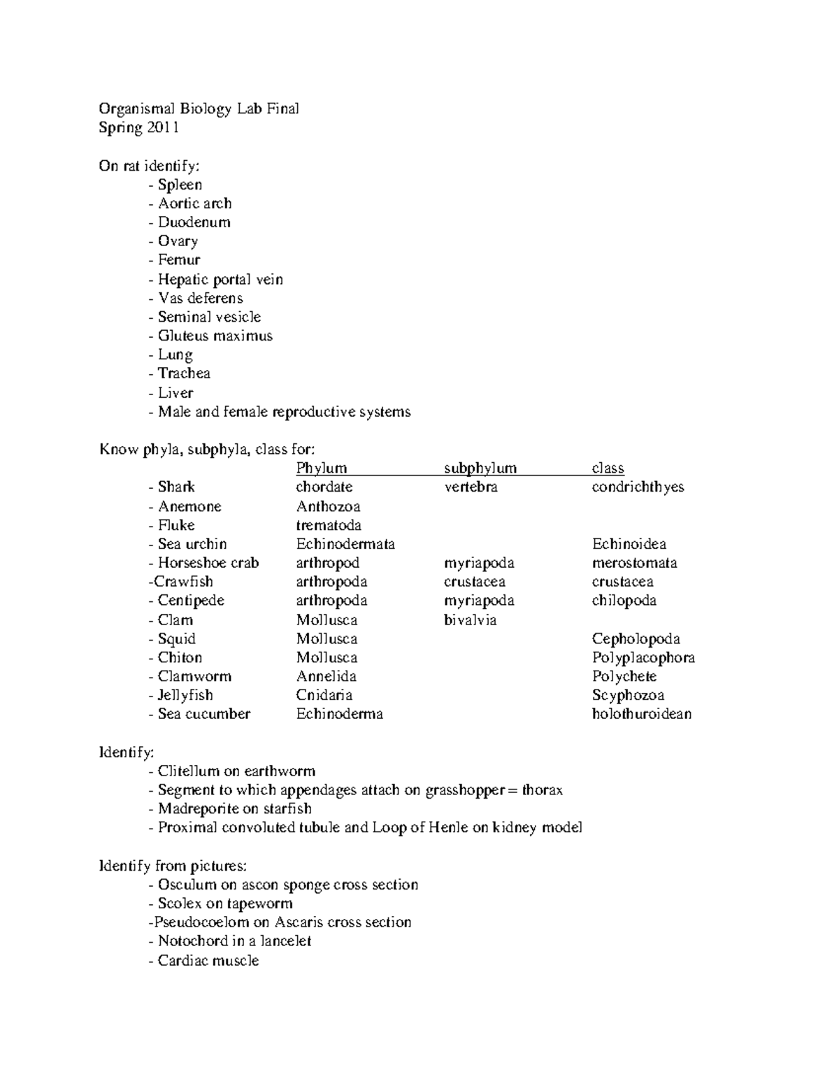 Lab Final Study Guide 3 BIOL 1030 - Organismal Biology Lab Final Spring ...