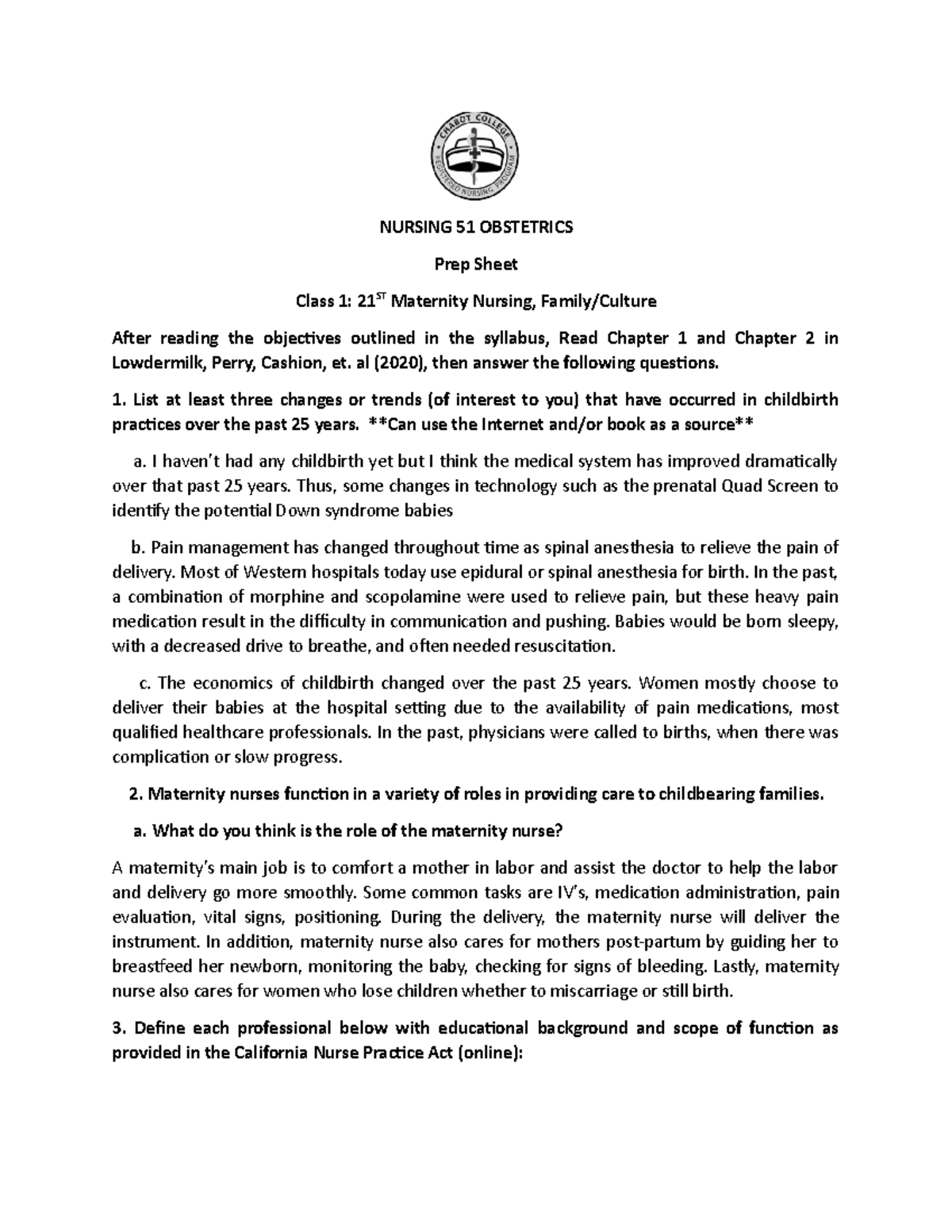 N51 prep sheet 1S22 - NURSING 51 OBSTETRICS Prep Sheet Class 1: 21ST ...