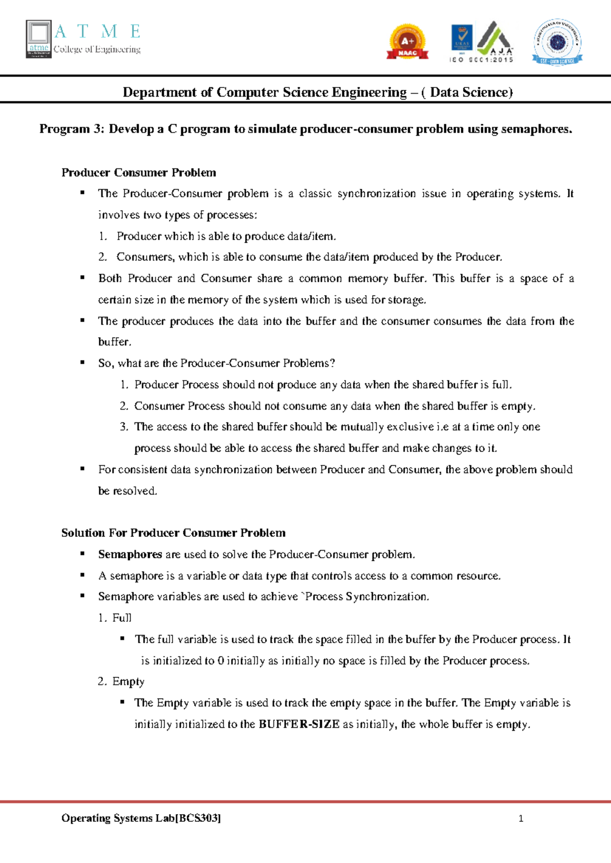 Program 3 Producer Consumer Problem Program 3 Develop A C Program To Simulate Producer