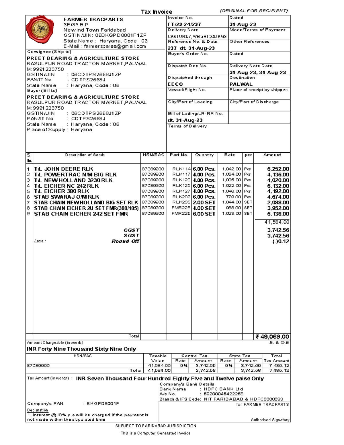 BILL 237 Preet Bearing - Tax Invoice (ORIGINAL FOR RECIPIENT) FARMER ...