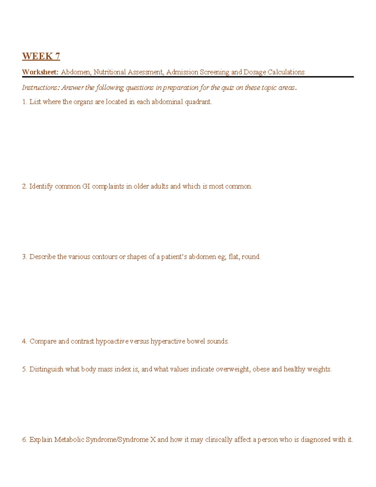 Week 7 Objectives Worksheet - WEEK 7 Worksheet: Abdomen, Nutritional ...
