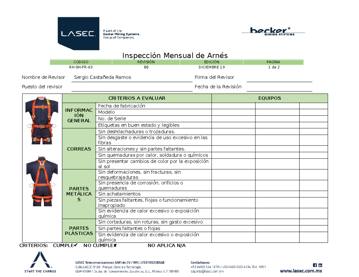 Check list arnes - Inspección Mensual de Arnés CODIGO REVISIÓN EDICIÓN ...