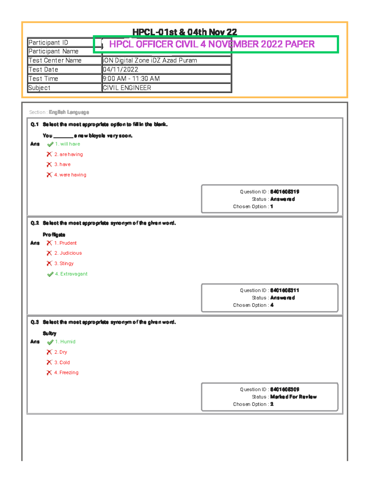 HPCL Officer Civil 4 November 2022 Paper With Key CJ - Q. 1 S e le c t ...