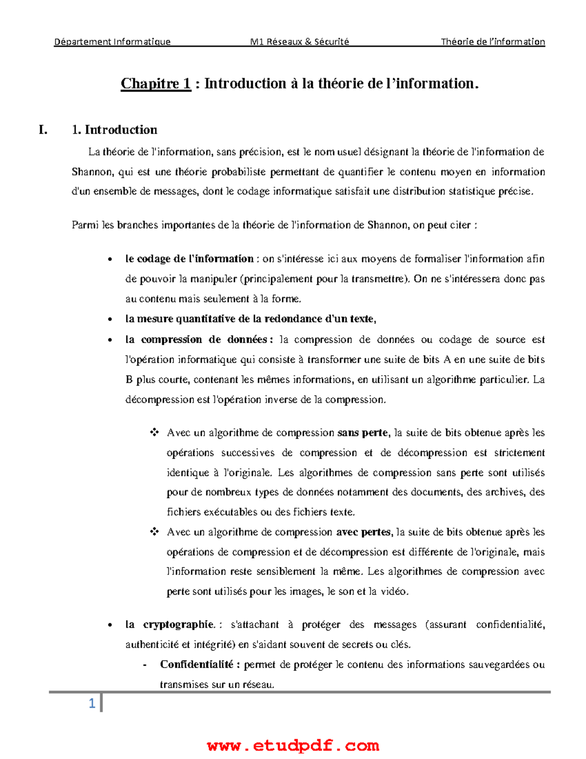 Théorie d'Information - 1 Chapitre 1 : Introduction à la théorie de l’information. I. 1. - Studocu