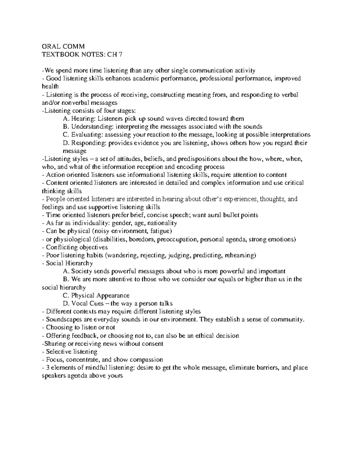 CH7 Notes - Listening - ORAL COMM TEXTBOOK NOTES: CH 7 -We spend more ...