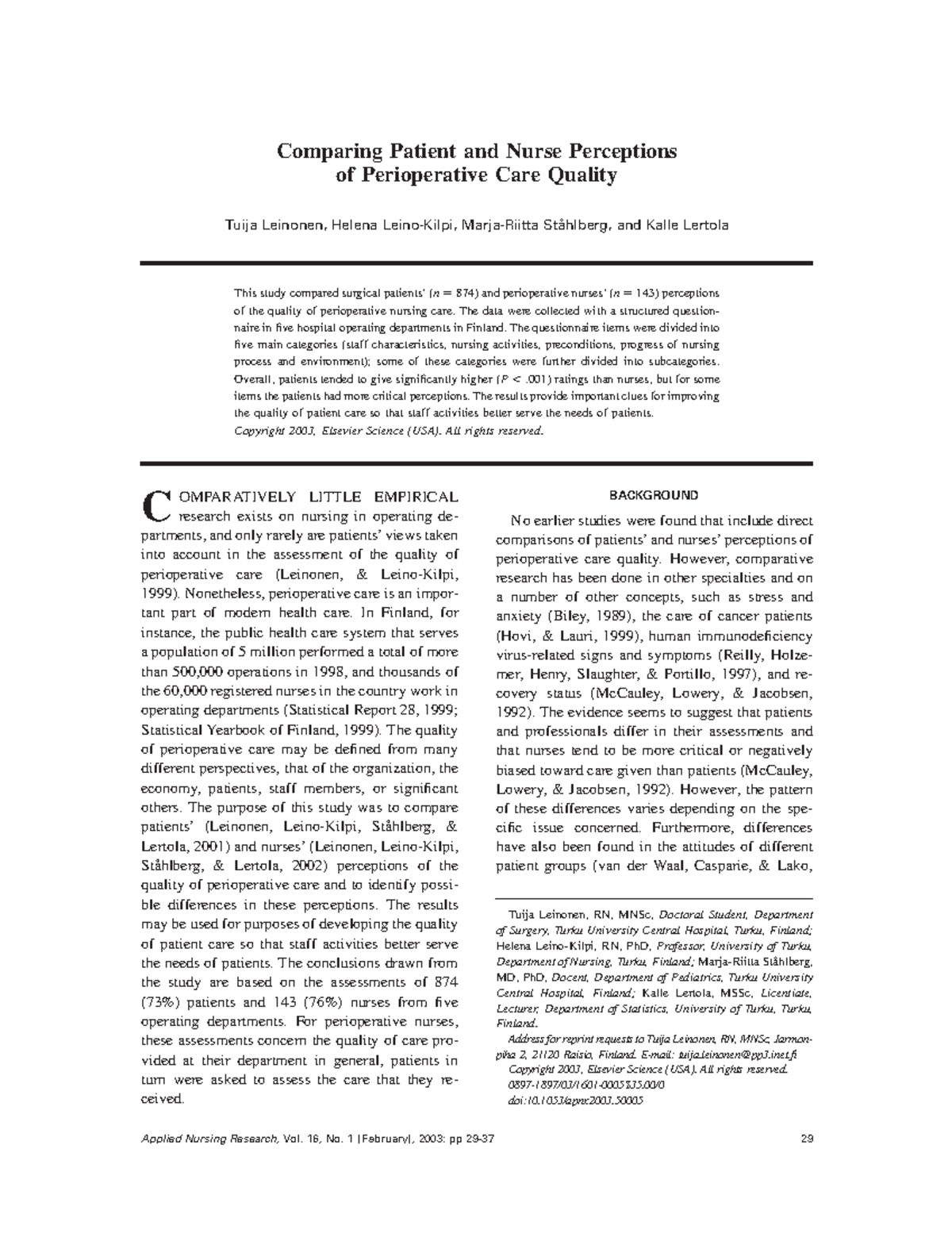 Comparing patient and nurse perceptions - Comparing Patient and Nurse ...