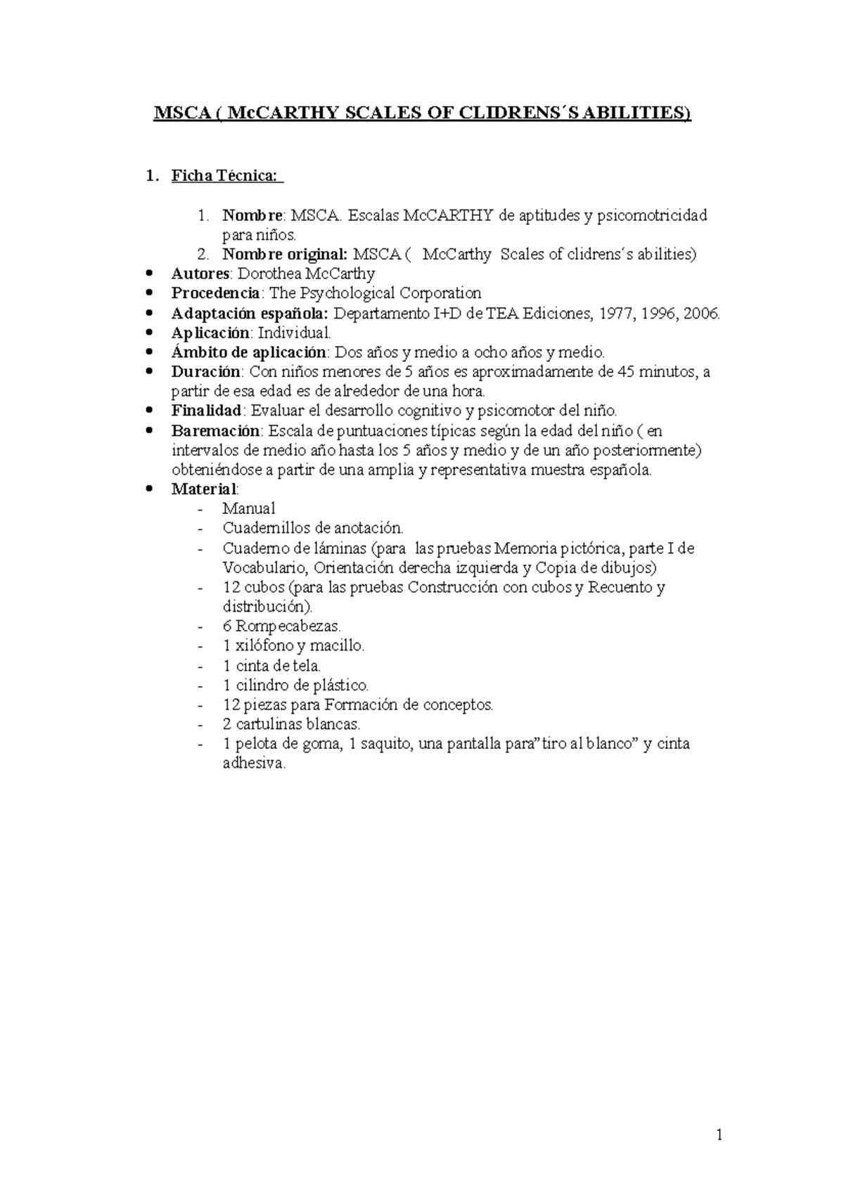 MSCA ( McCARTHY SCALES OF CLIDRENS´S ABILITIES) - MSCA ( McCARTHY ...