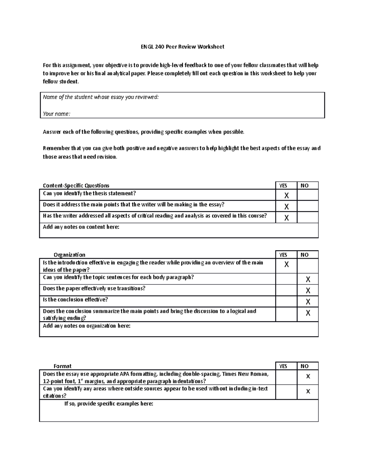 Peer review feedback - ENGL 240 Peer Review Worksheet For this ...