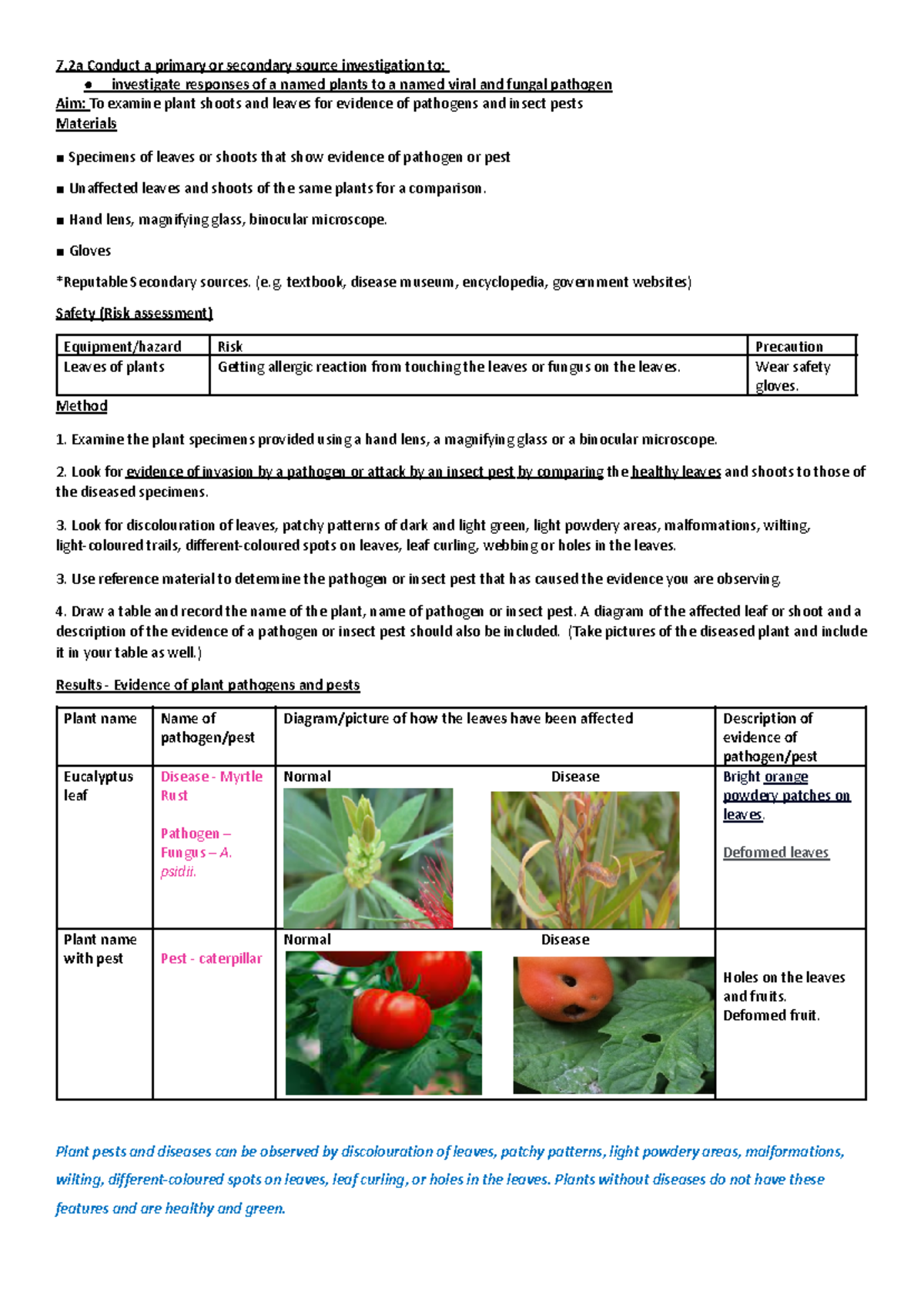 7.2a Plant disease investigation - sample answers - 7 Conduct a primary ...