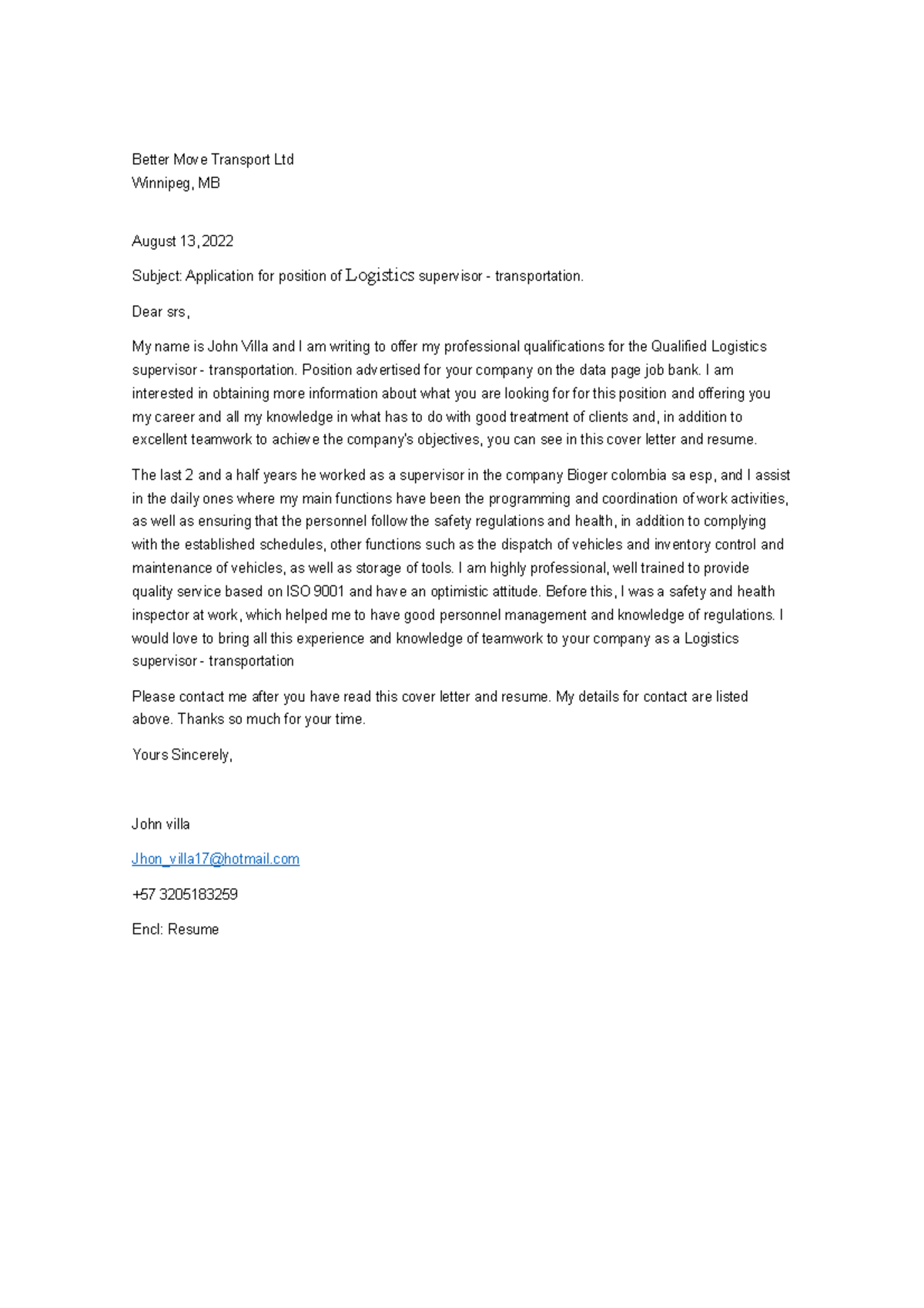 Cover Letter- Logistics supervisor - transportation 2146793 - Better ...