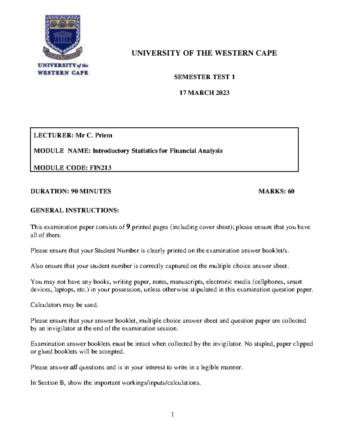 FIN213 - Semester Test 1 20230317 - UNIVERSITY OF THE WESTERN CAPE ...