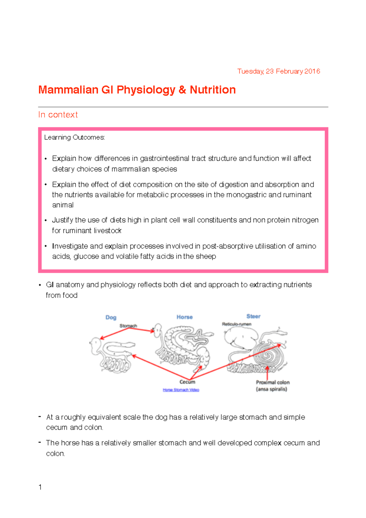 Lecture notes - All GI physiology and nutrition - Tuesday, 23 February ...