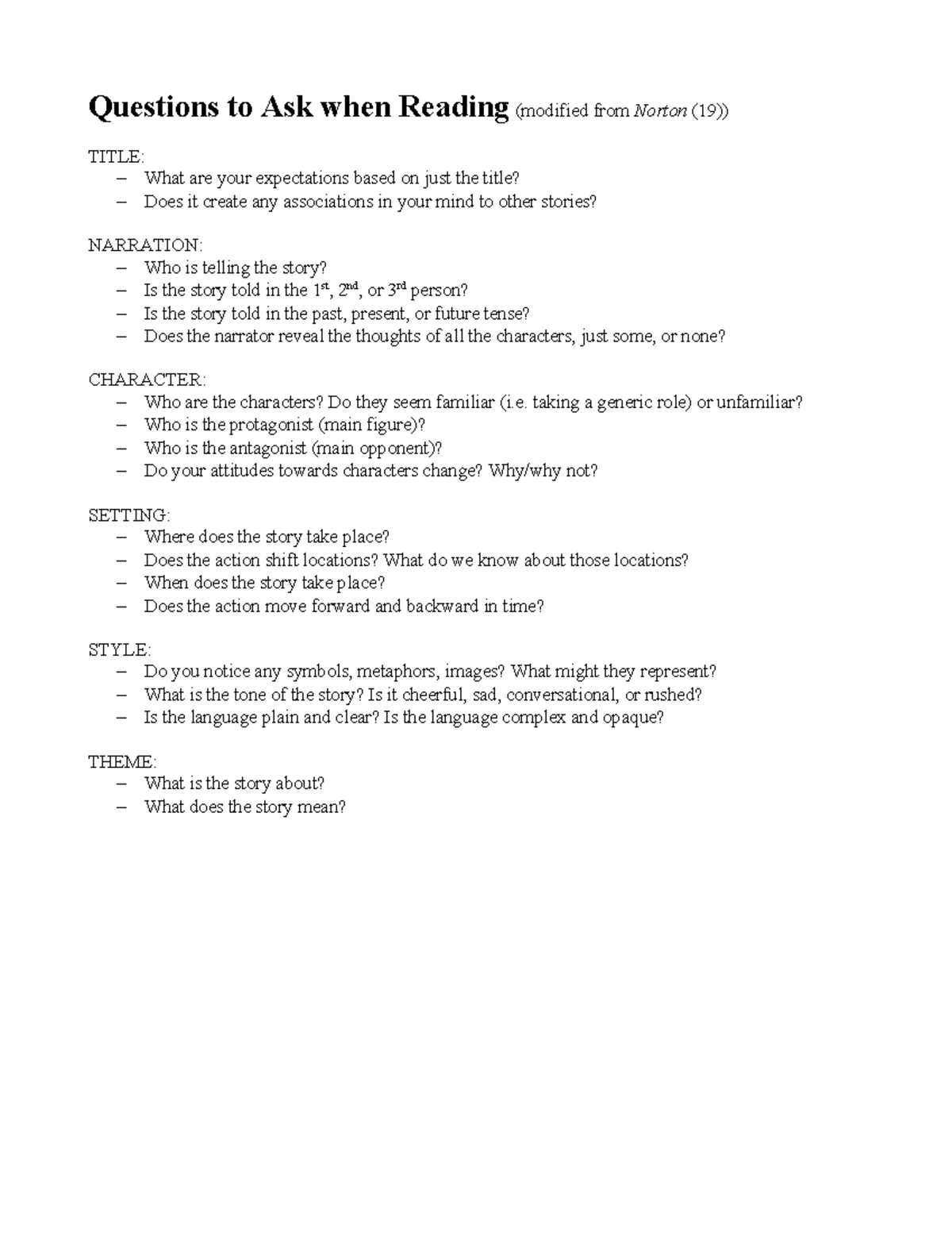 EN1001Reading Strategies for reading short stories - Questions to Ask ...