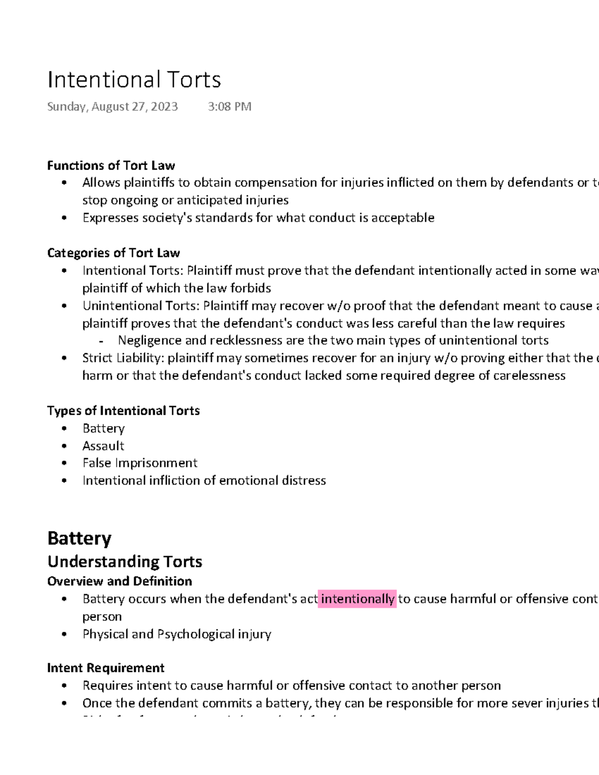 Intentional Torts - Functions of Tort Law Allows plaintiffs to obtain ...