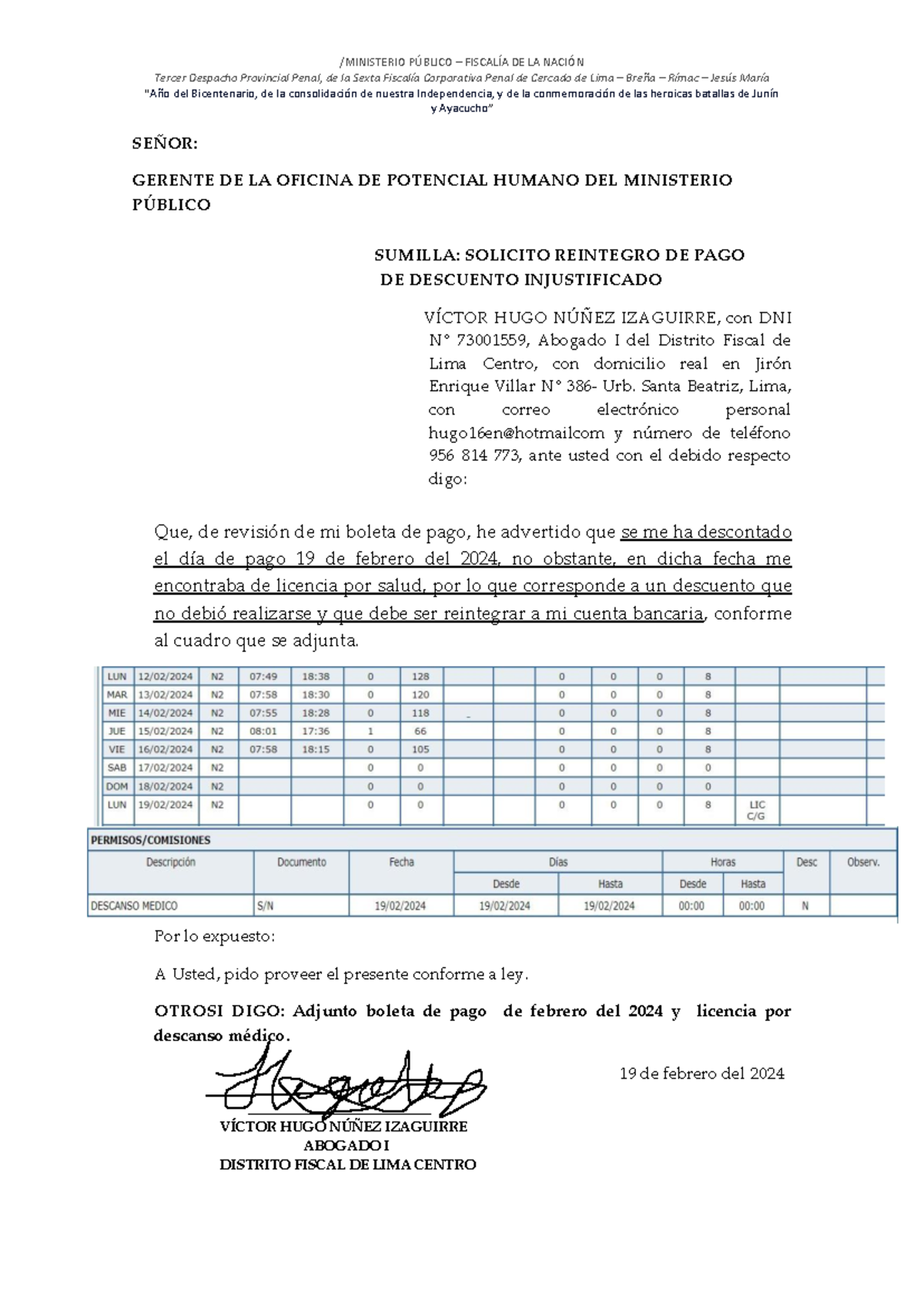 Solicito Reintegro DE PAGO 19 DE Febrero DEL 2024 - /MINISTERIO PÚBLICO ...