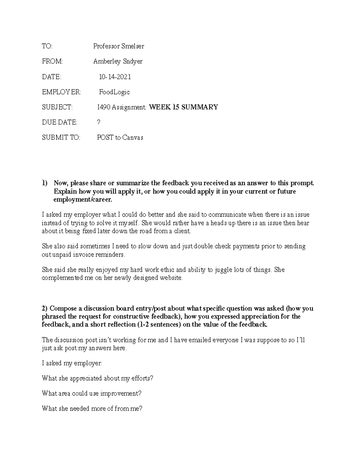 Week 15 internship paperwork - ADMG 373 - CWU - Studocu