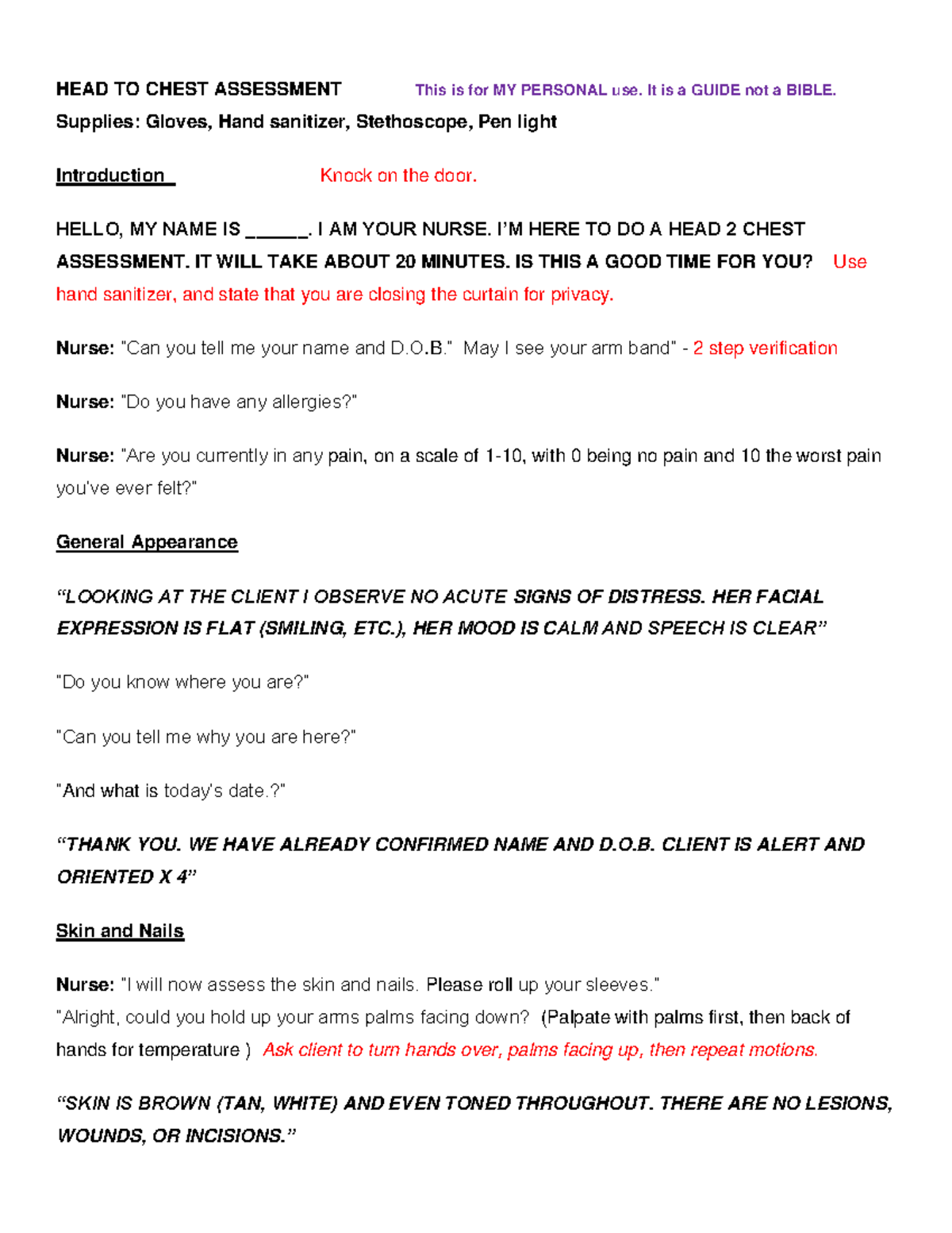 Head-to-Chest-Assessment-Script - HEAD TO CHEST ASSESSMENT This is for ...