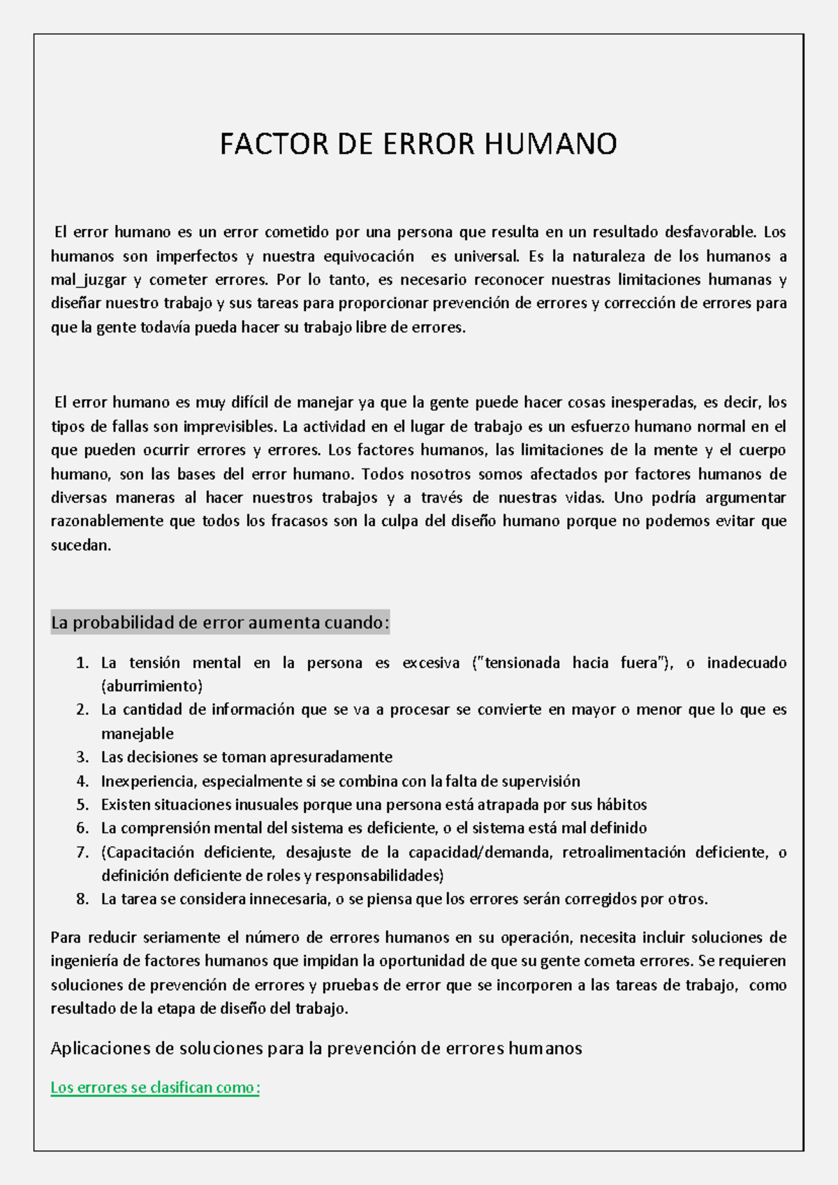 Factor DE Error Humano - gestion - FACTOR DE ERROR HUMANO El error humano es un error cometido ...