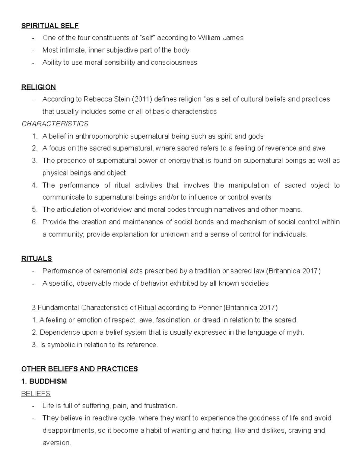 Spiritual SELF - notes - SPIRITUAL SELF One of the four constituents of ...