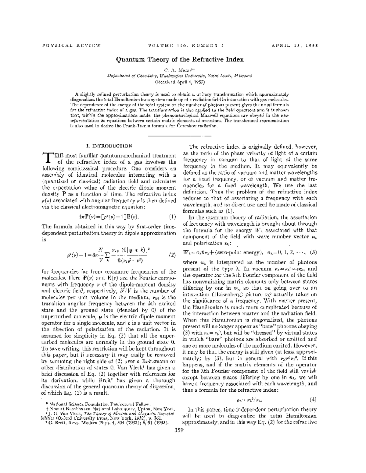 Quantum Theory of the Refractive Index - A. MEAD*f Department of Chemistry, Washington ...