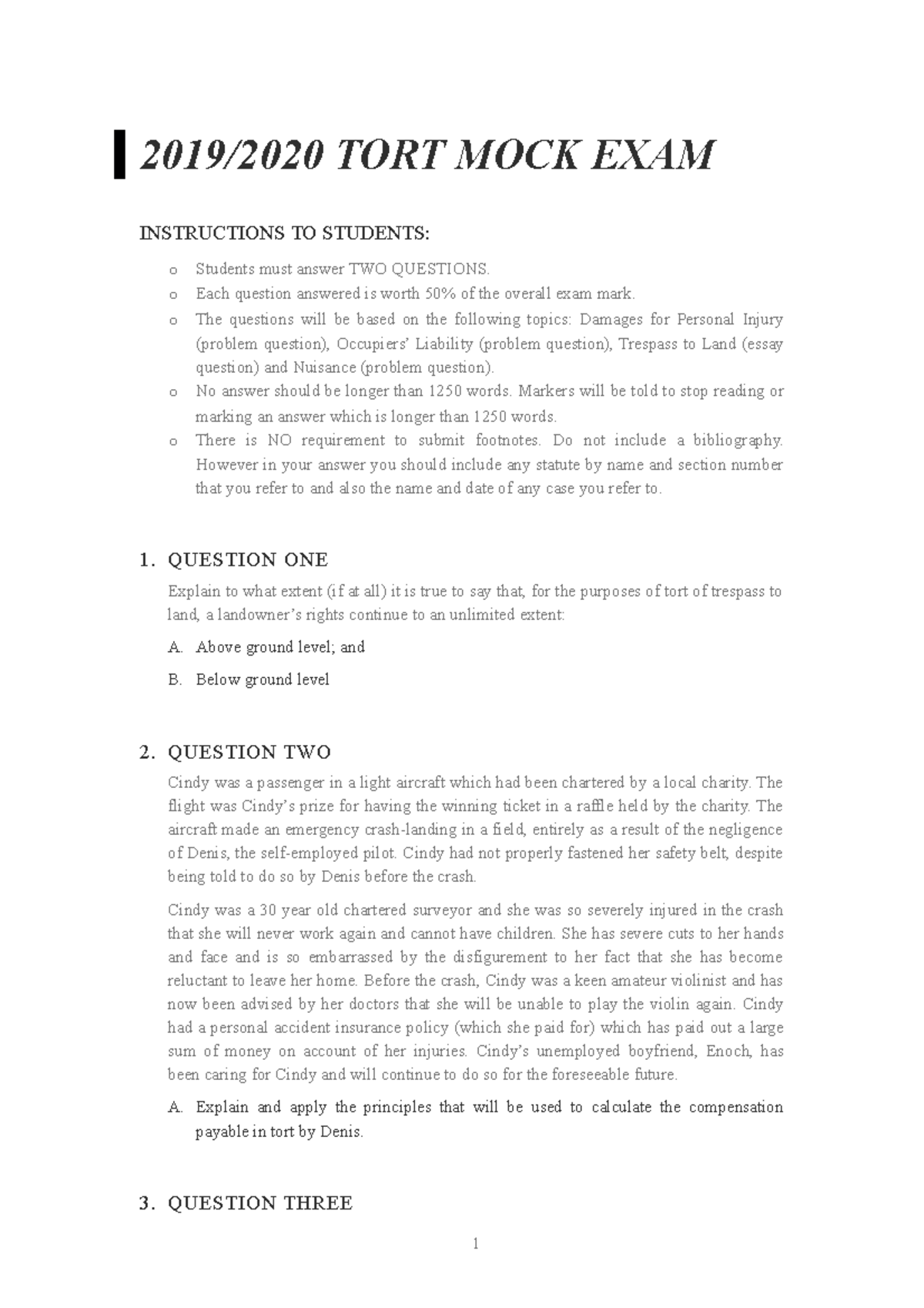 2019/2020 Law of Tort Mock - 2019/2020 TORT MOCK EXAM INSTRUCTIONS TO ...