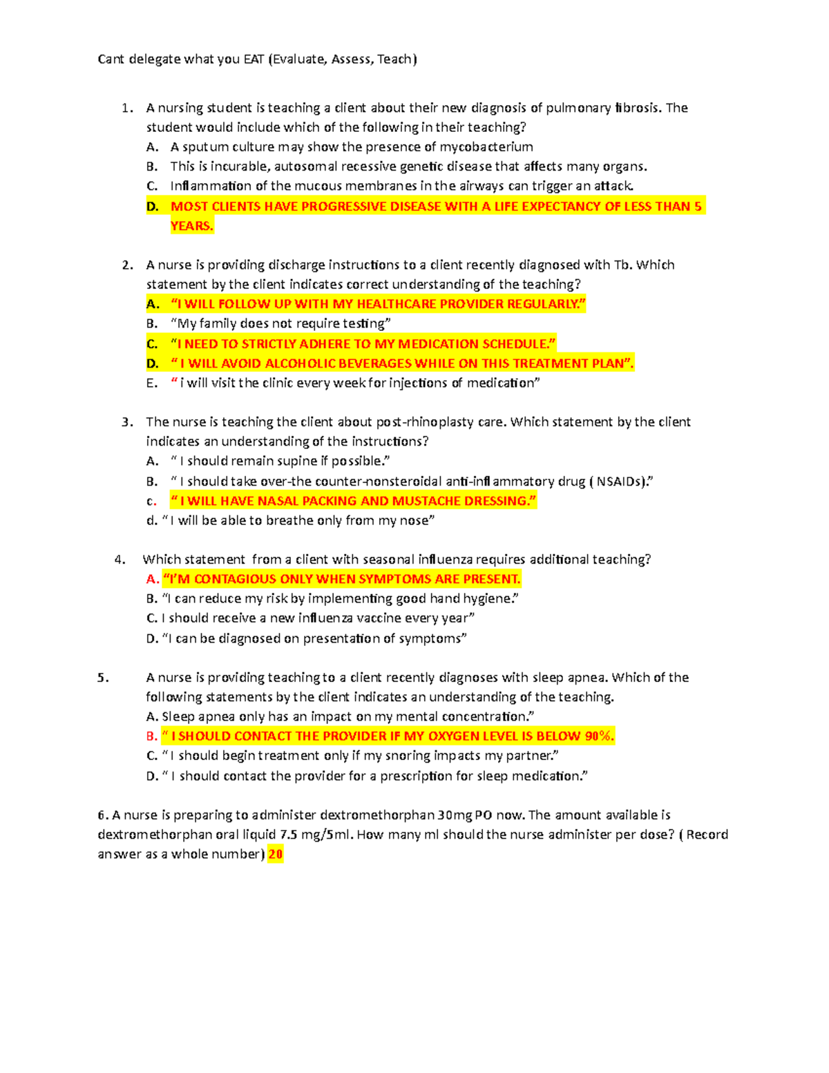 Nursing Quiz: Pulmonary Fibrosis TB Sleep Apnea and more - Studocu