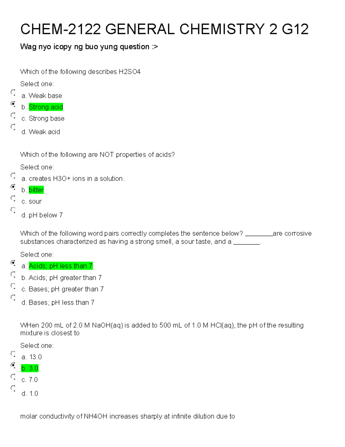 Chem 122 2nd quarter exam - CHEM-2122 GENERAL CHEMISTRY 2 G Wag nyo ...