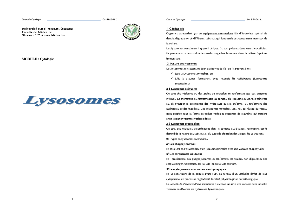 Hgfds - Cours de Cytologie Dr. BRADAI L. 1 Université Kasdi Merbah ...