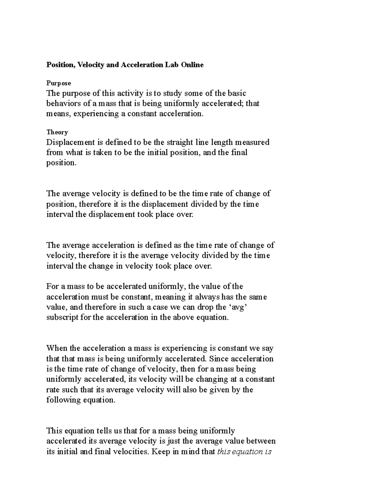 Physics lab 2 - Position, Velocity and Acceleration Lab Online Purpose ...