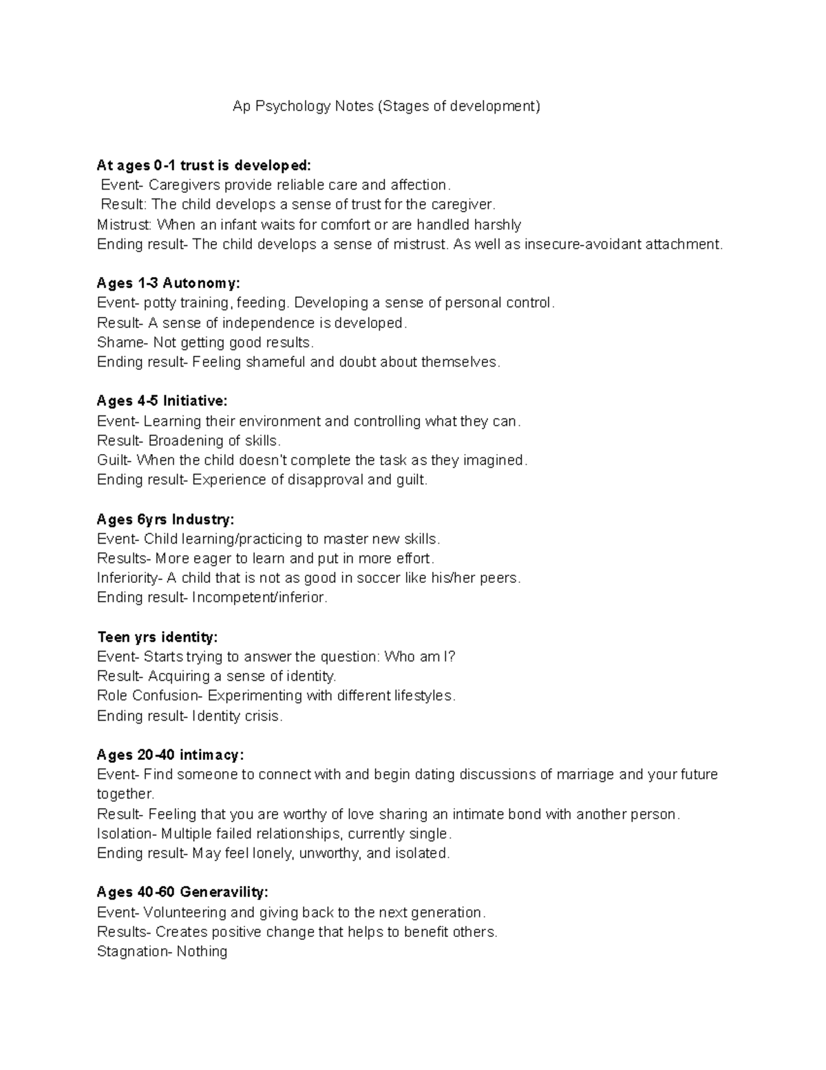 Ap Psychology Notes (Stages of development) - Result: The child ...