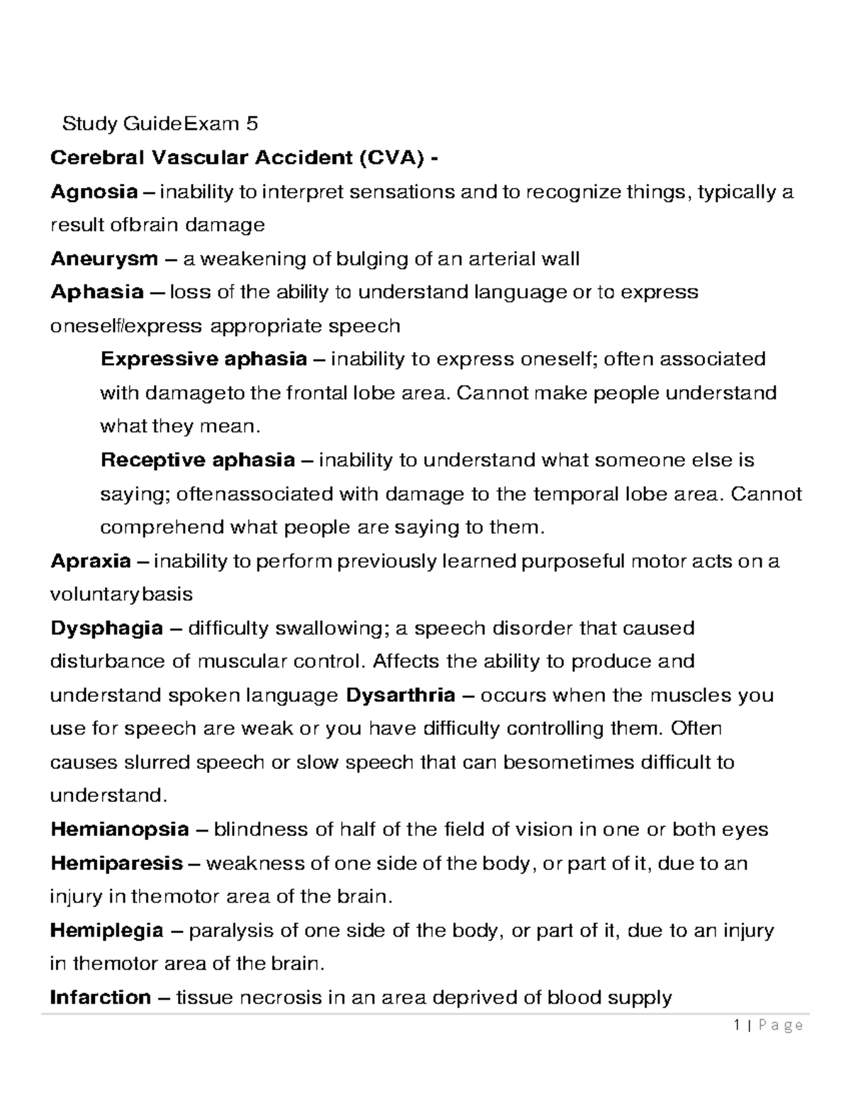 Exam 5 study guide Cerebral Vascular Accident - Study Guide Exam 5 ...