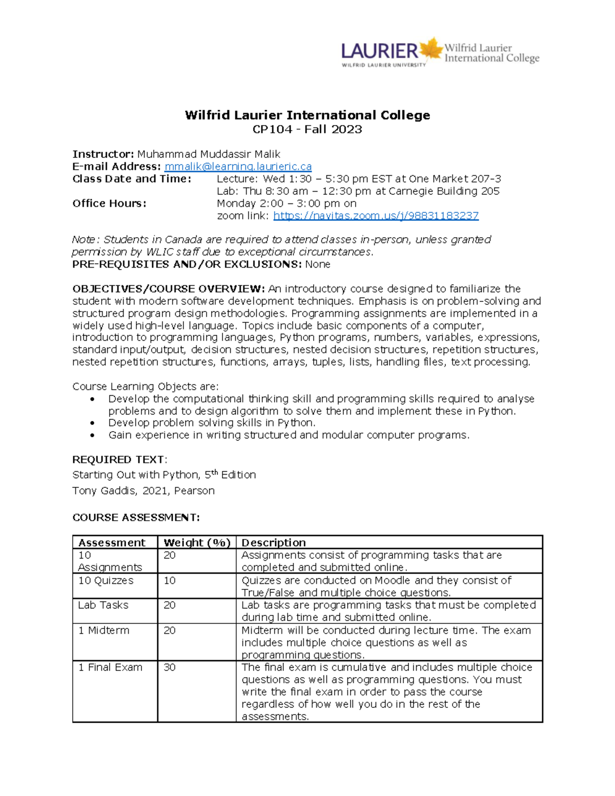 Course Outline 104 - Summary Intro To Programming - Wilfrid Laurier ...