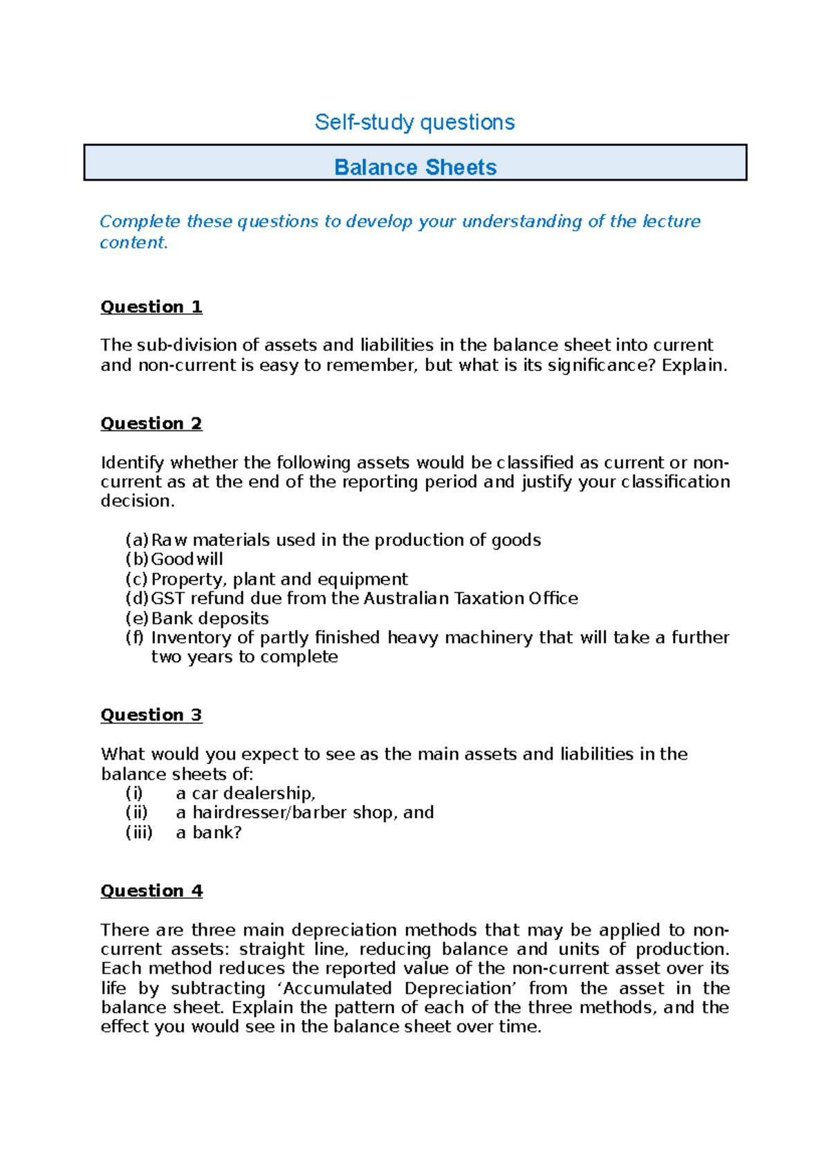 Topic 3 Self-study questions - Self-study questions Balance Sheets ...