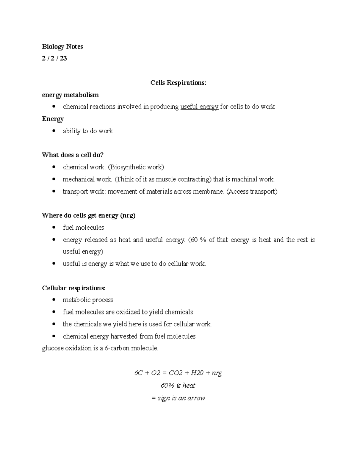 Cell respirations notes - Biology Notes 2 / 2 / 23 Cells Respirations ...