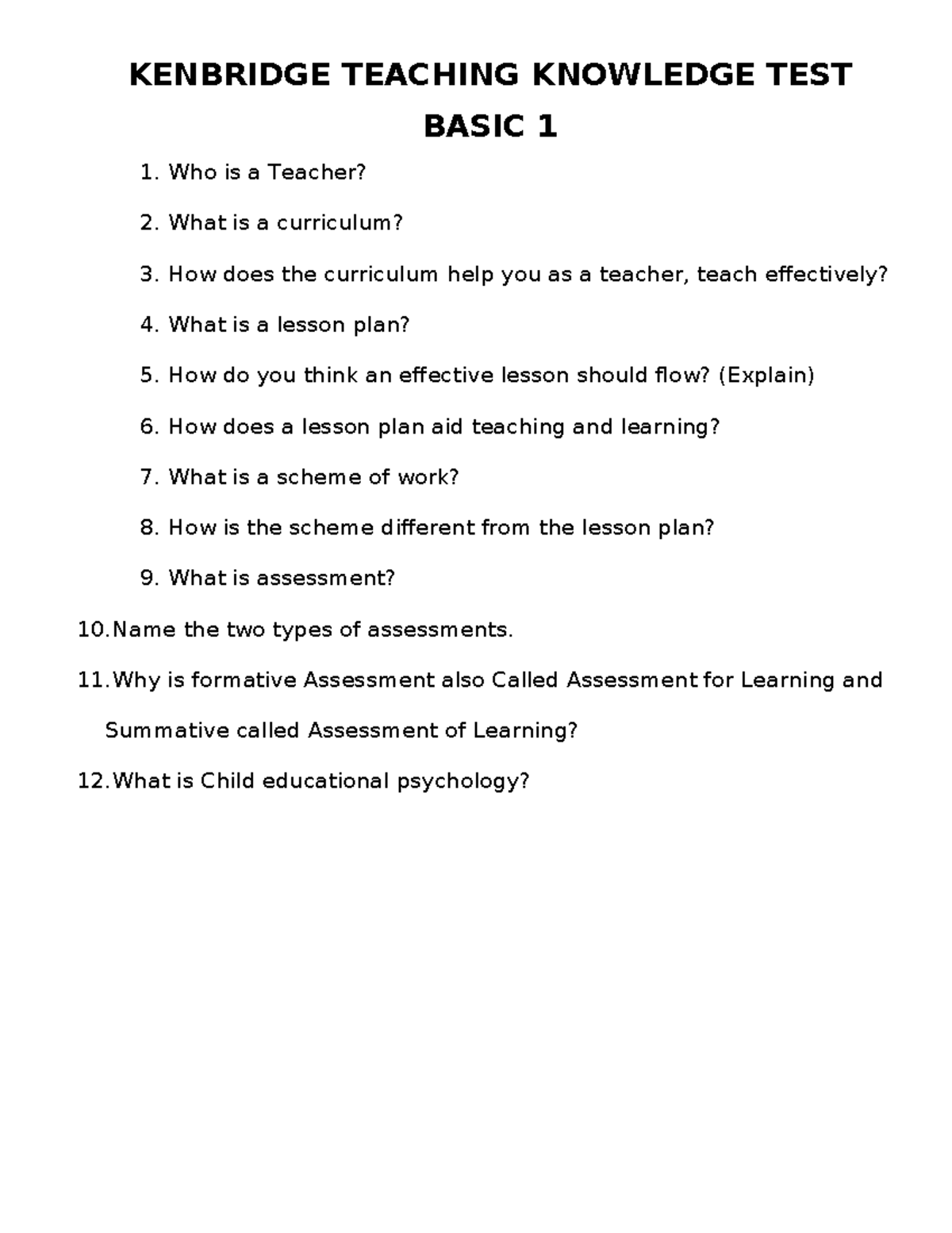 Teaching Knowledge TEST - KENBRIDGE TEACHING KNOWLEDGE TEST BASIC 1 Who ...