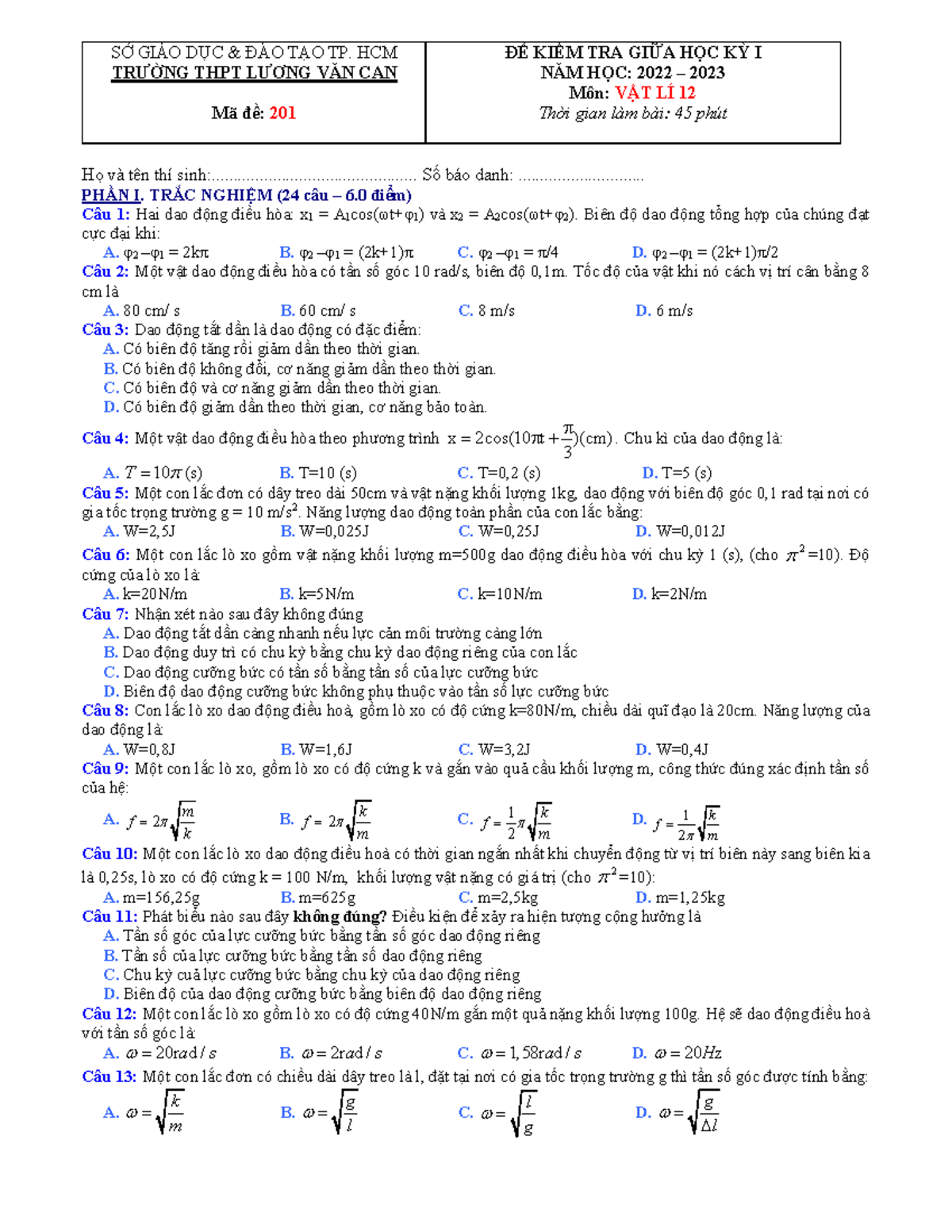 De giua hoc ky 1 vat li 12 nam 2022 2023 truong thpt luong van can tp hcm - SỞ GIÁO DỤC & ĐÀO ...