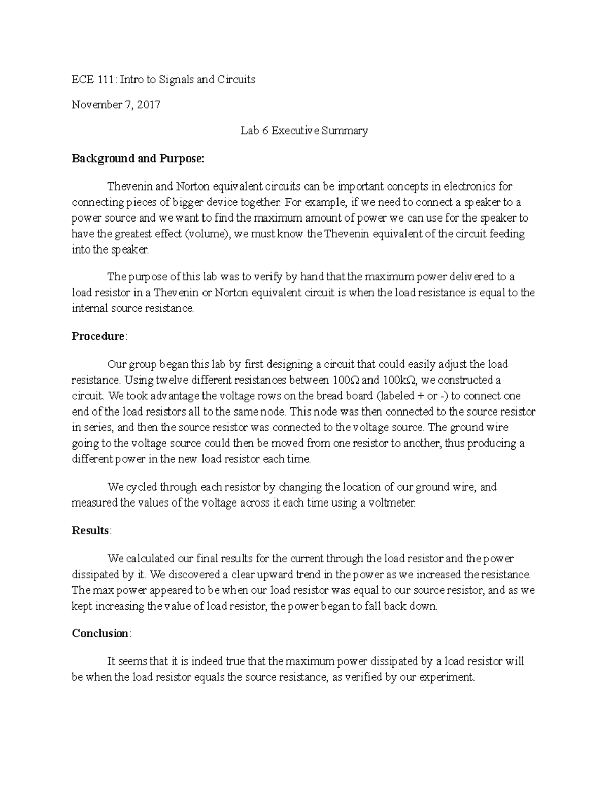 ECE 111 Laboratory 6 - ECE 111: Intro to Signals and Circuits November ...