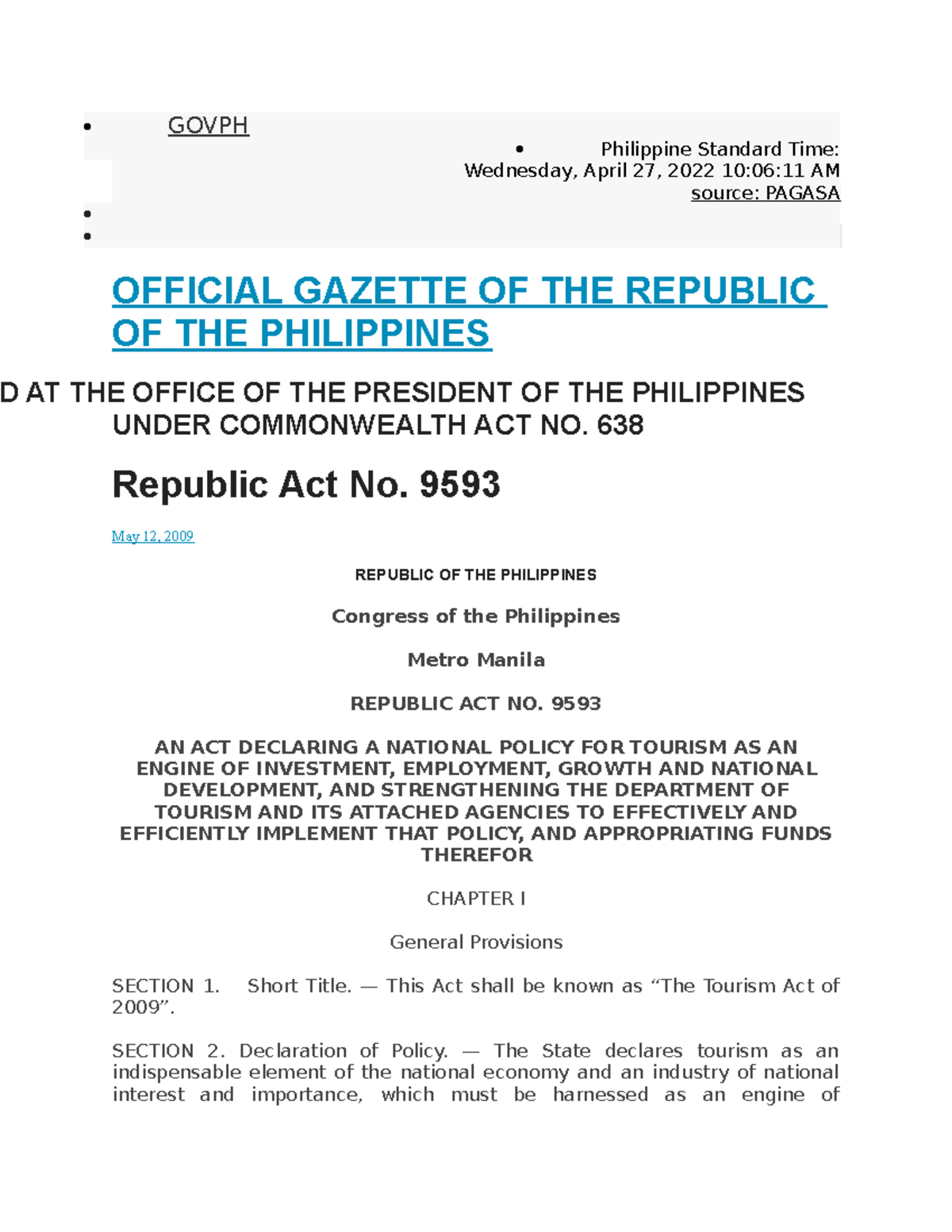 RA 9594 Tourism Act of the Philippines - GOVPH Philippine Standard Time ...