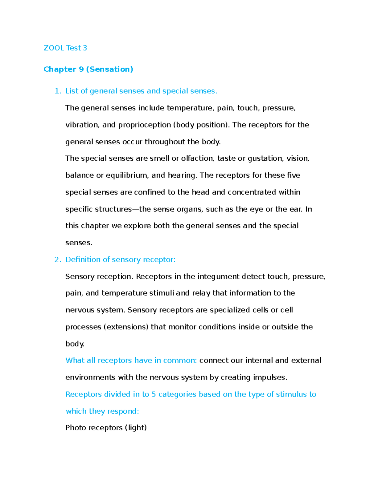 ZOOL Test 3 - Lecture notes Test 3 - ZOOL Test 3 Chapter 9 (Sensation ...