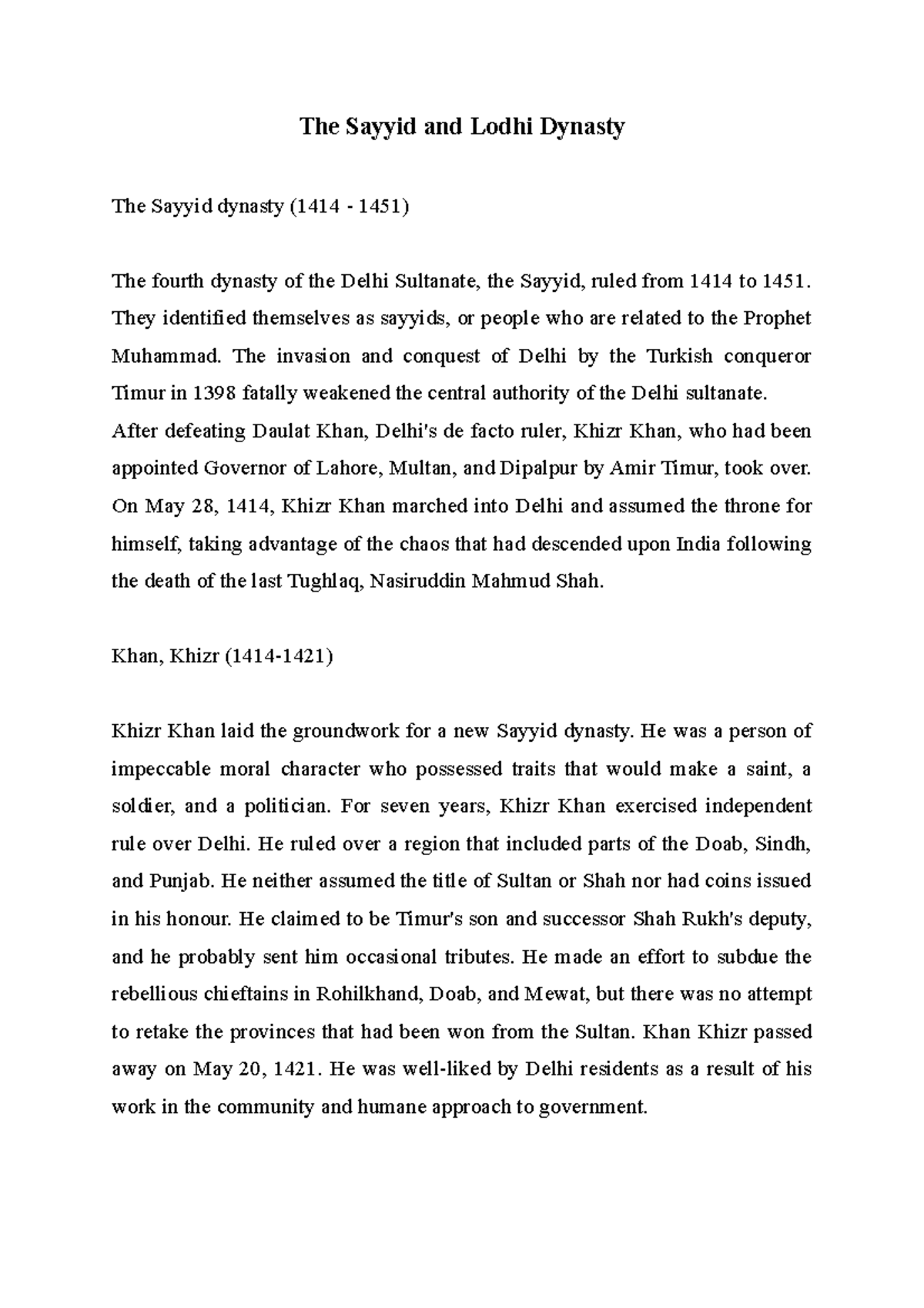 The Sayyid and Lodhi Dynasty - They identified themselves as sayyids ...